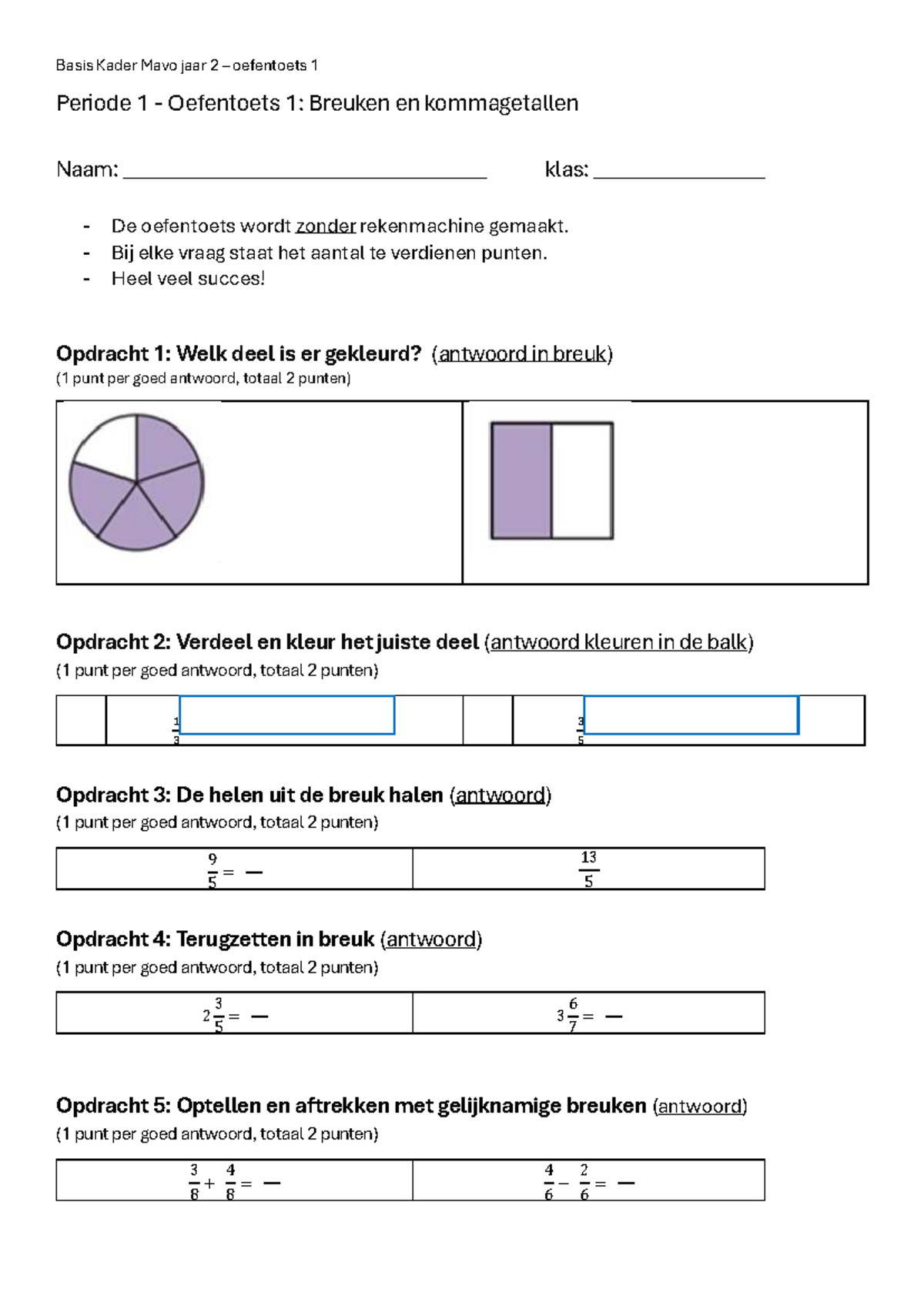 Basis Kader Mavo 2 - Oefentoets 1: Breuken en Kommagetallen - Studeersnel