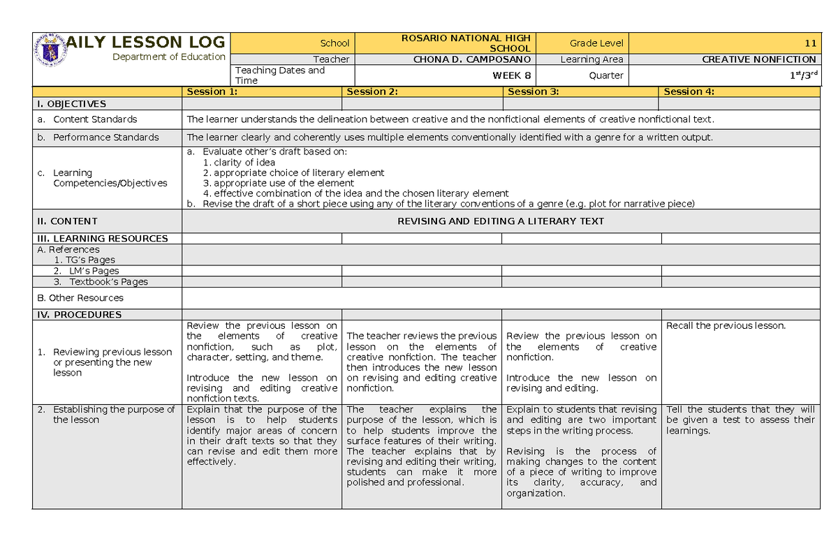 Creative Nonfiction Lesson Plan - Grade 11 - Week 8 - Studocu