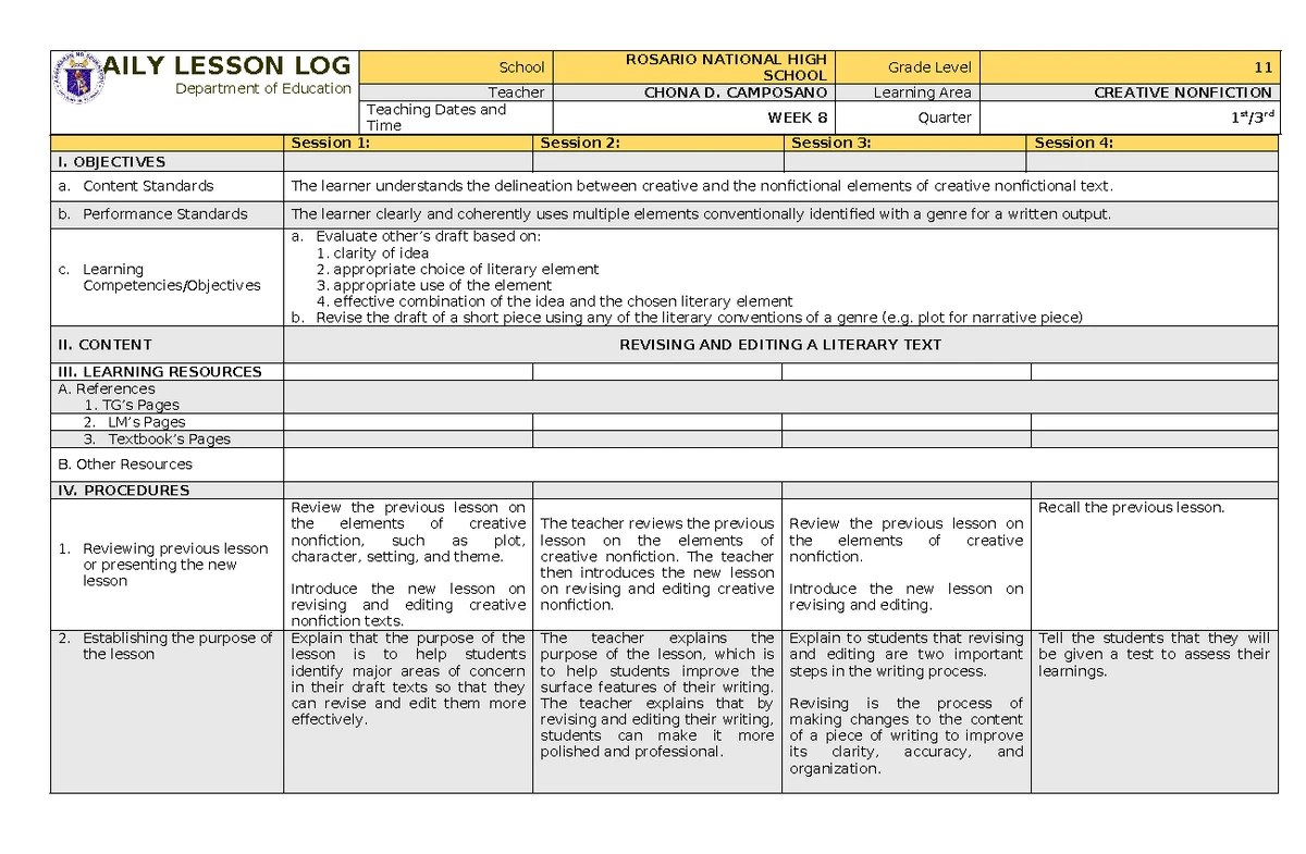 Creative Nonfiction Lesson Plan (Grade 11) - Week 1, Quarter 4 - Studocu