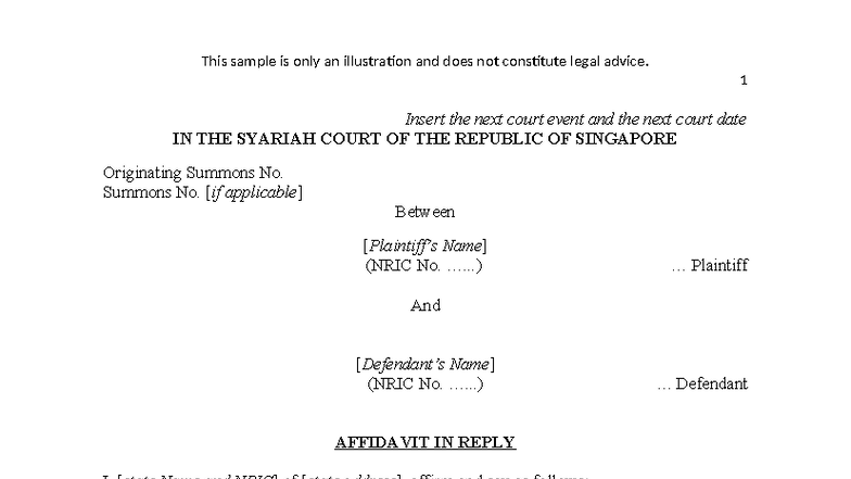 SYC Aff_AIR 001: Sample Affidavit in Reply for Court Use - Studocu