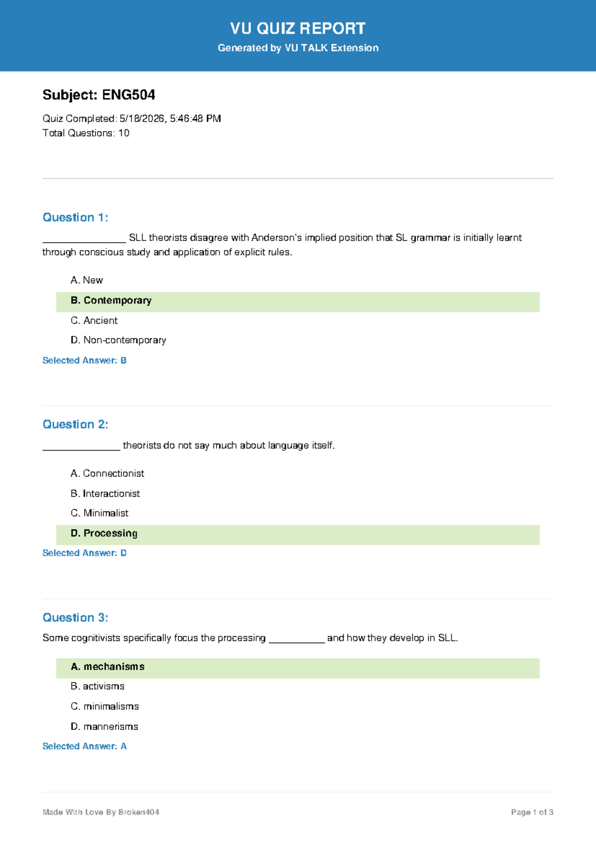 ENG504 Quiz Report: Key Insights and Answers - Studocu
