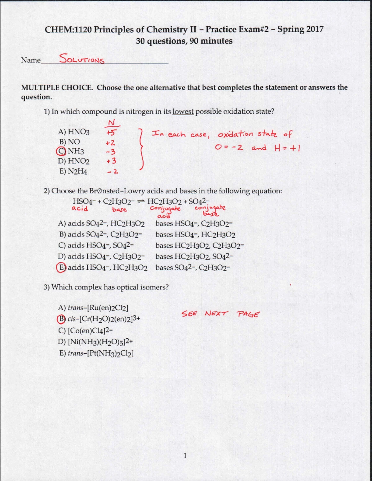 CHEM 1120 Sample Exam 2 - Practice Questions and Solutions - Studocu