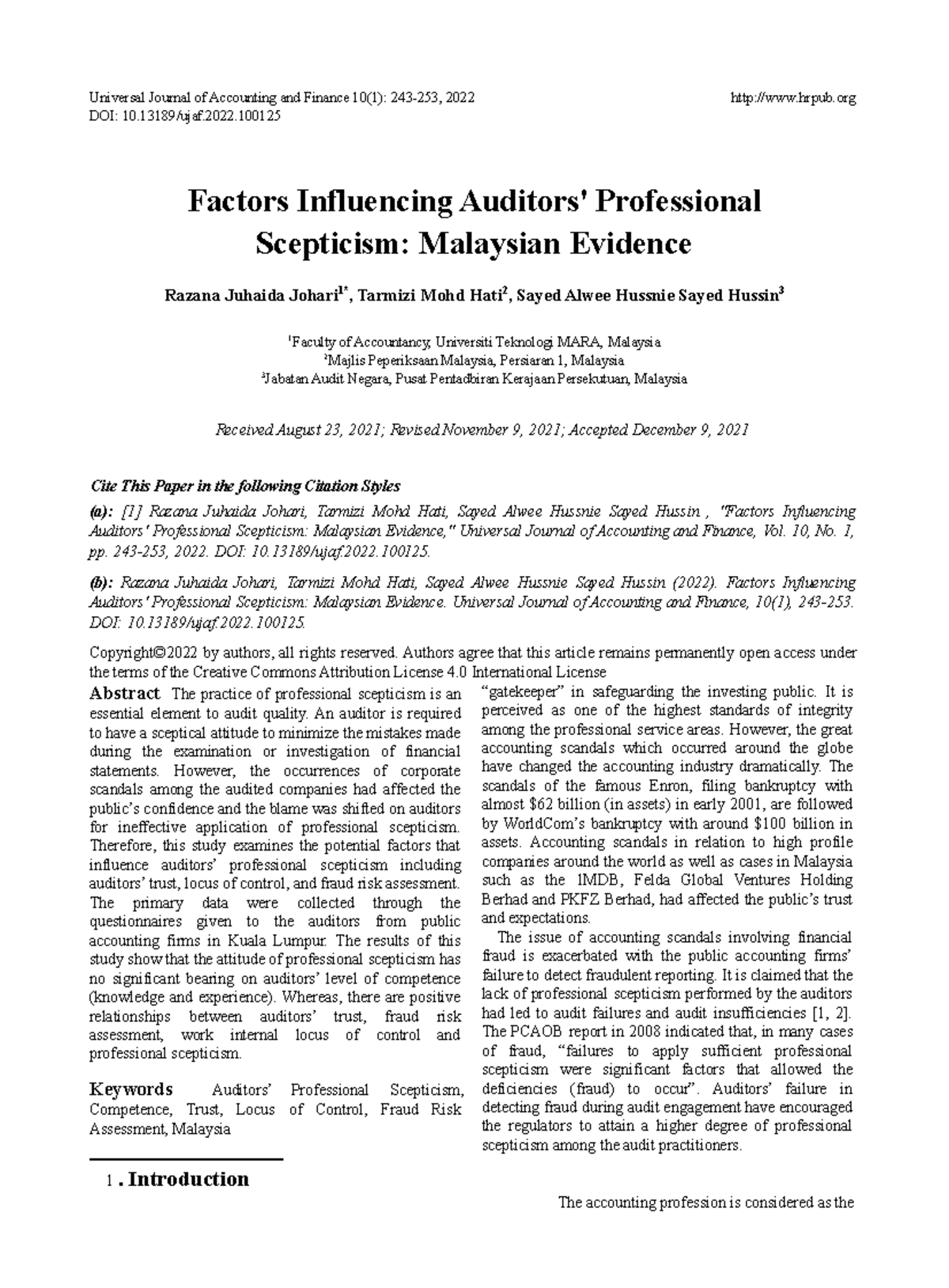 Factors Influencing Professional Scepticism in Auditing: Malaysian ...