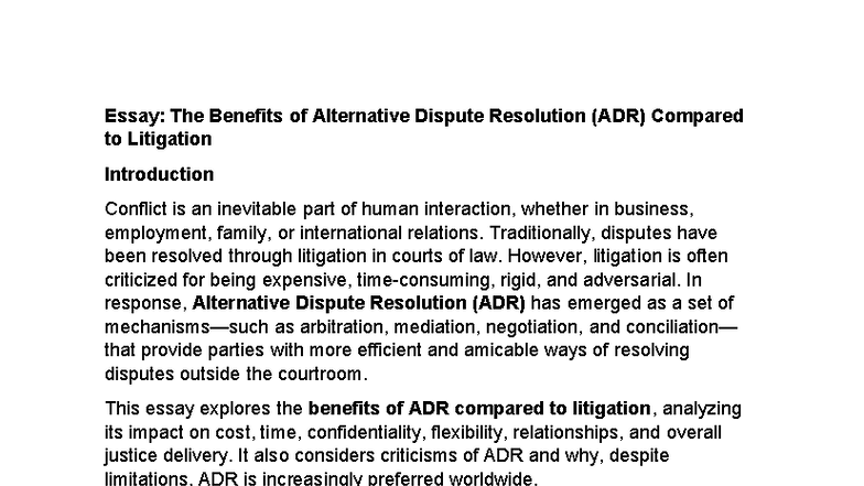 Essay: Benefits of Alternative Dispute Resolution (ADR) vs. Litigation ...