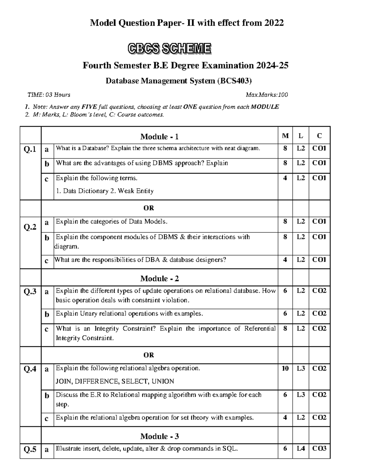 Model Question Paper II for BCS403: DBMS 4th Sem Exam (2022) - Studocu