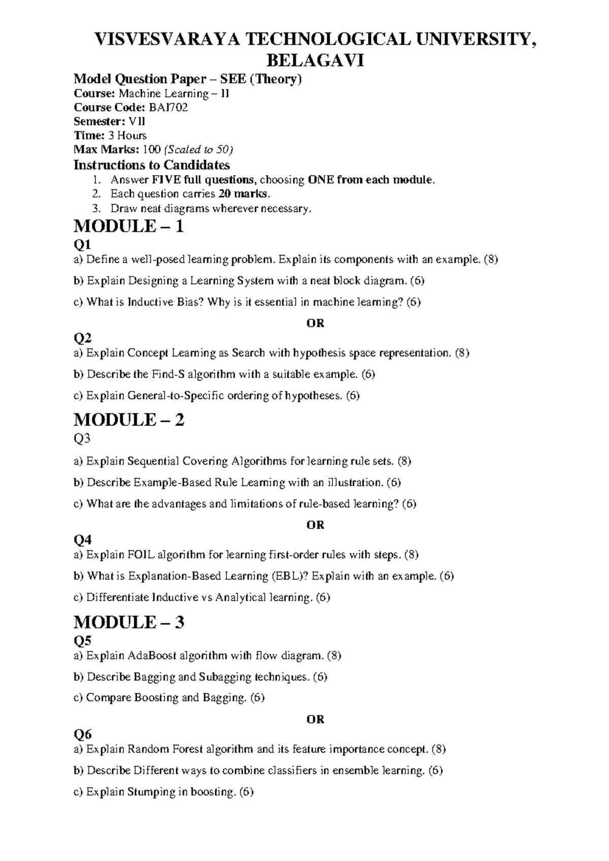 Model Question Paper - BAI702 Machine Learning II Important Questions ...
