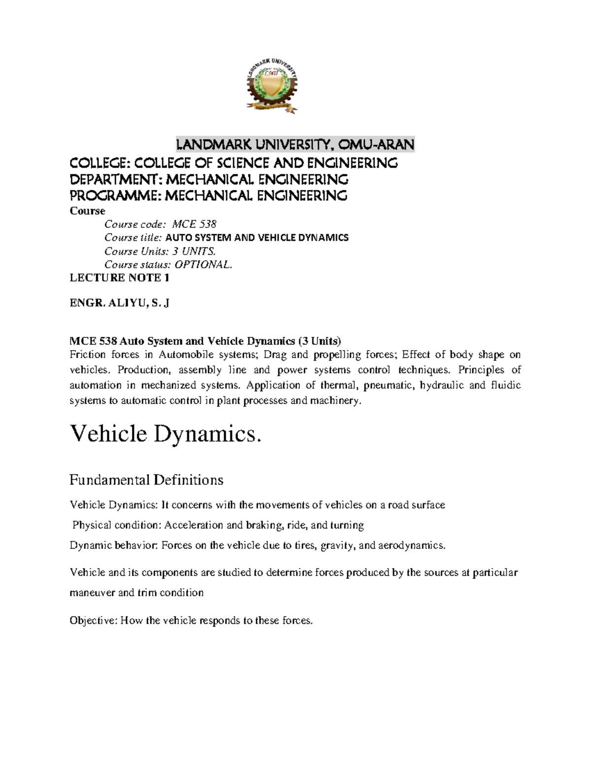 MCE 538 - Lecture Note 1: Auto System & Vehicle Dynamics - Studocu