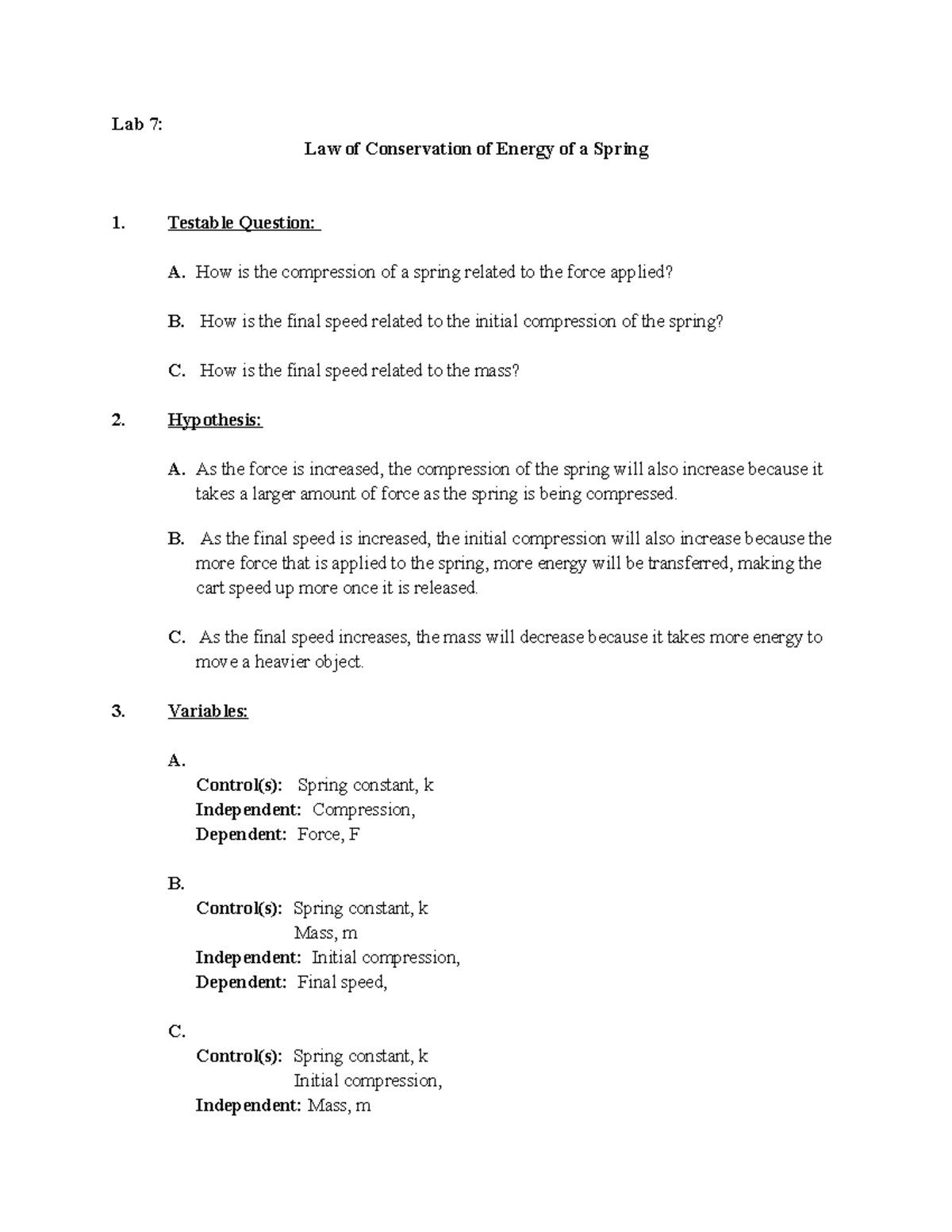 PHY111L Lab 7 - Investigating Spring Compression and Force Relationship ...