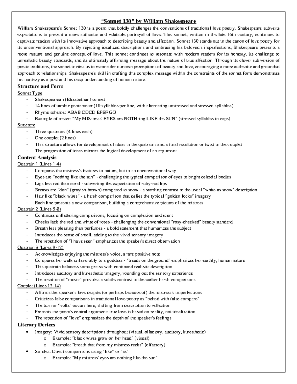 Sonnet 130 - William Shakespeare - “Sonnet 130” by William Shakespeare ...