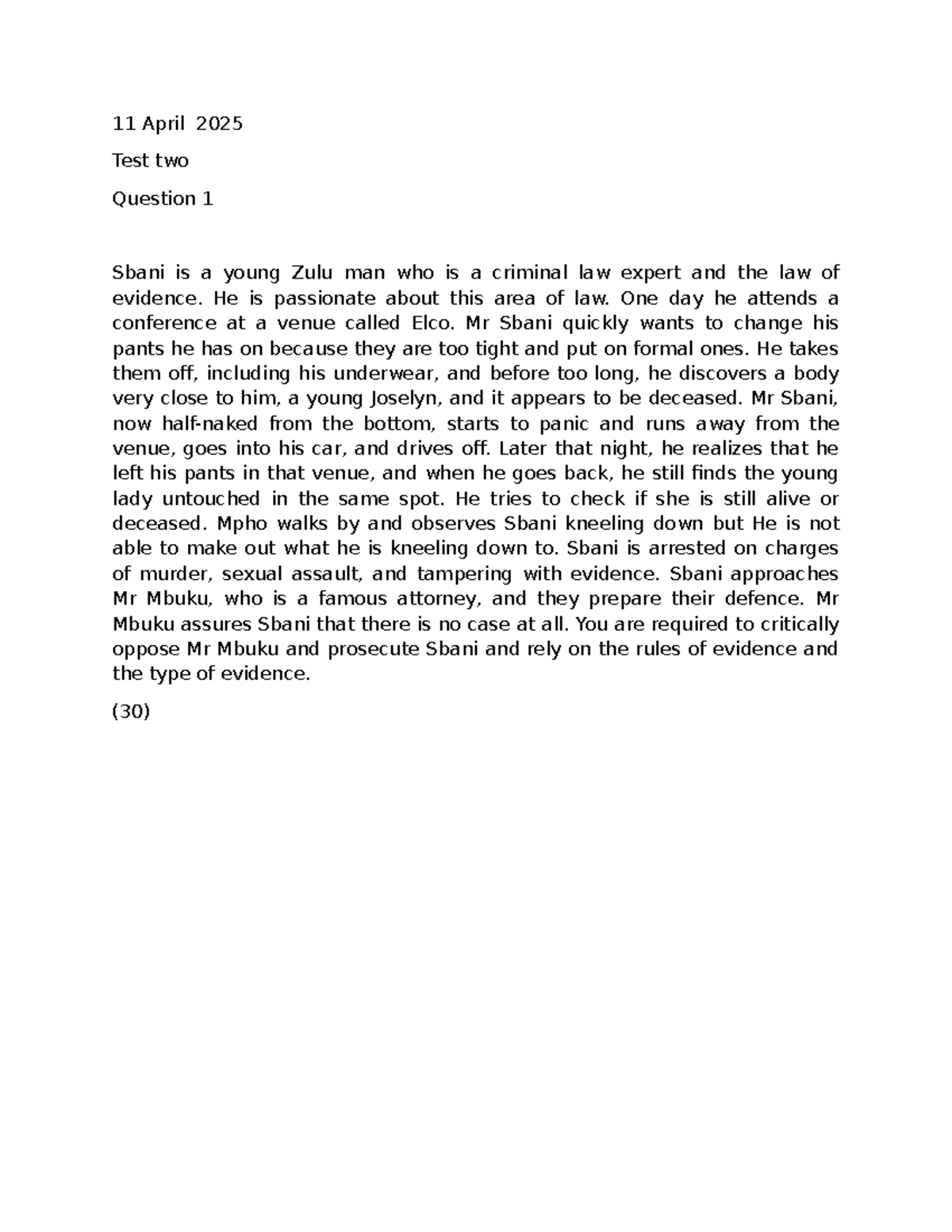 Test 2: Prosecution of Sbani in Criminal Law & Evidence (30) - Studocu