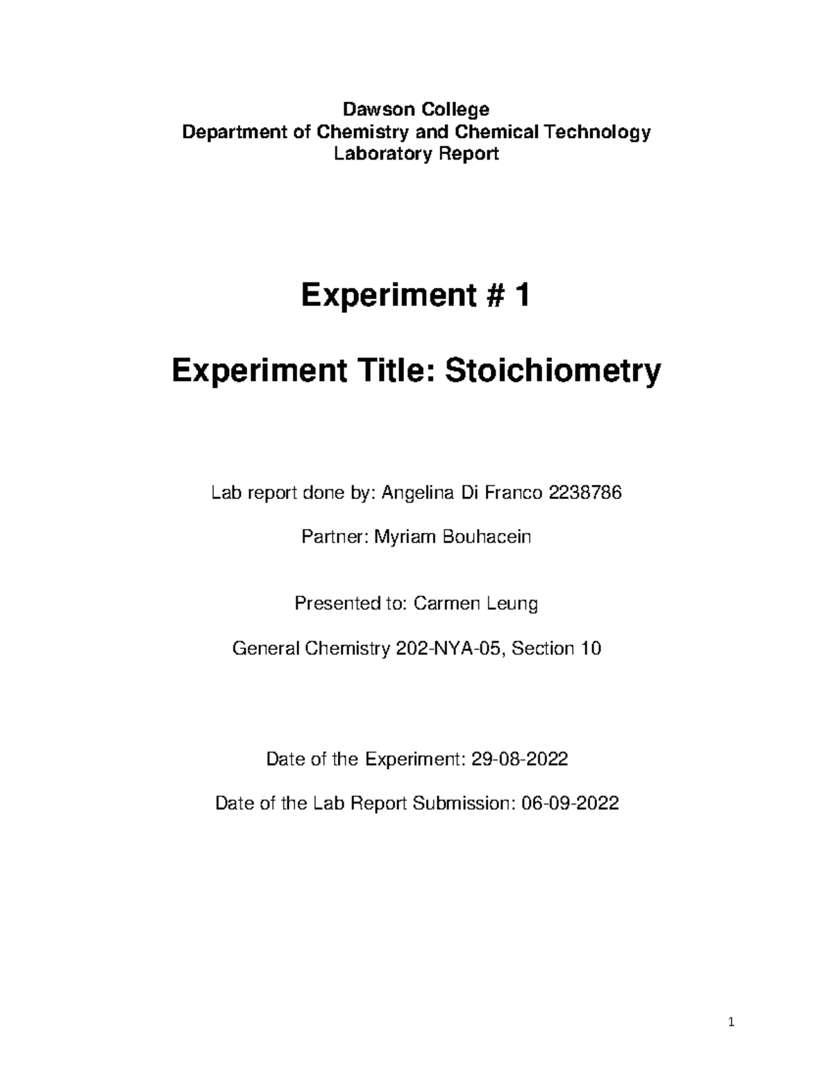 Lab Report #1: Stoichiometry in General Chemistry 202-NYA-05 - Studocu