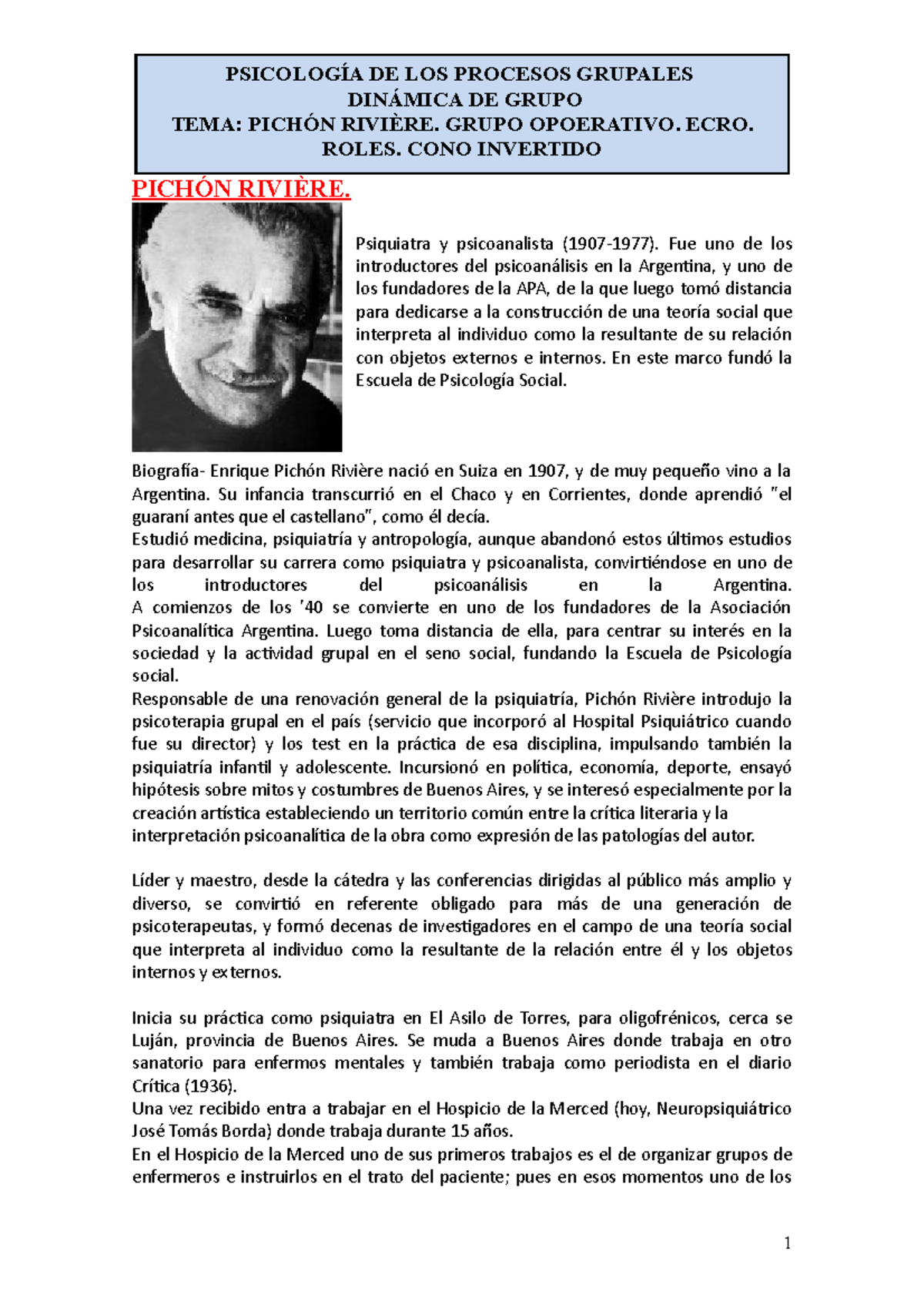 Teoría de Grupos Operativos y el Cono Invertido de Pichón Rivière ECRO ...