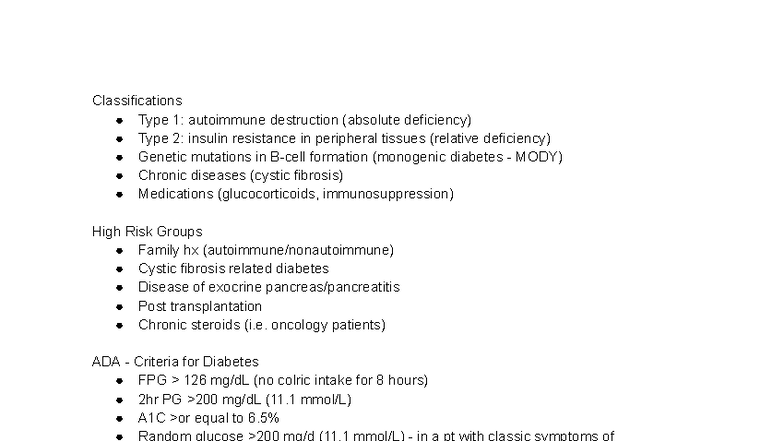 CHOP Module Diabetes - N/A - Classifications Type 1: autoimmune ...