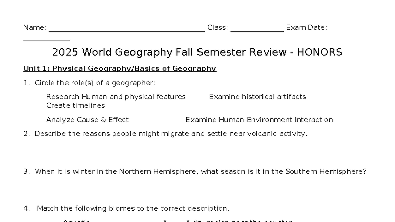 HONORS W Geo Midterm Review: Physical & Human Geography - Studocu