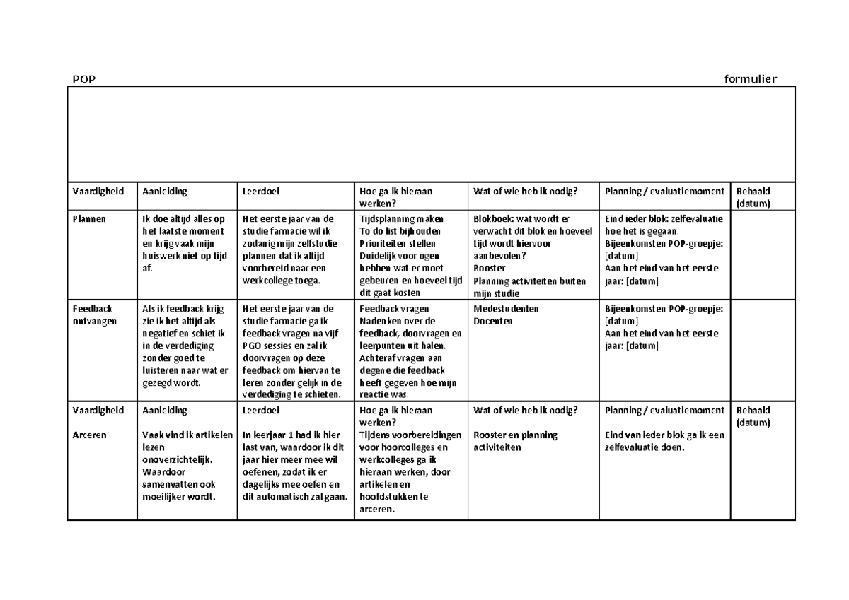 Ba200-POP-formulier: Voorbereiding en Evaluatie Eerste Jaar Farmacie ...