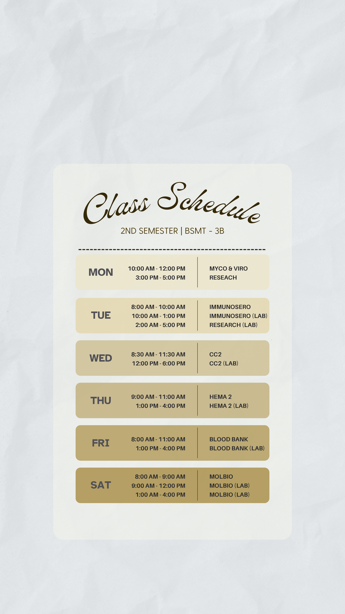 Class sched - .... - MON TUE 8:00 AM - 10:00 AM 10:00 AM - 1:00 PM 2:00 ...