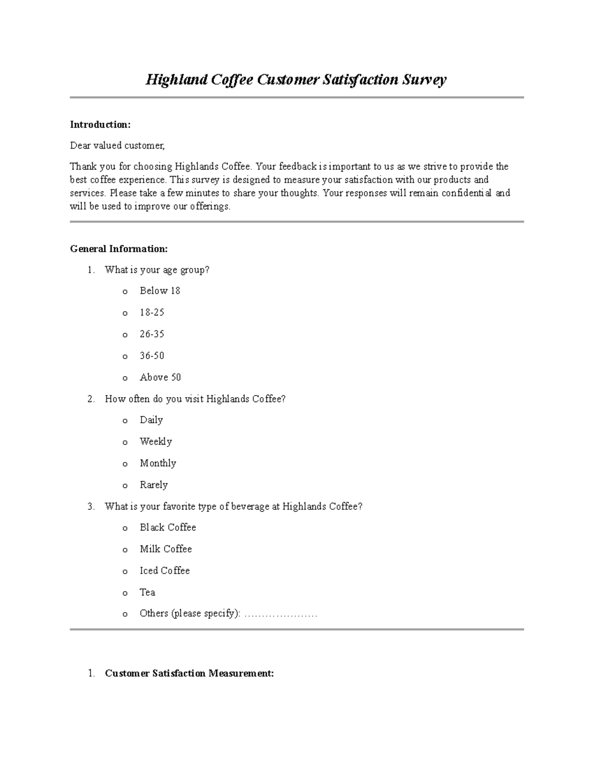 Highland Coffee Customer Satisfaction Survey Analysis Report - Studocu