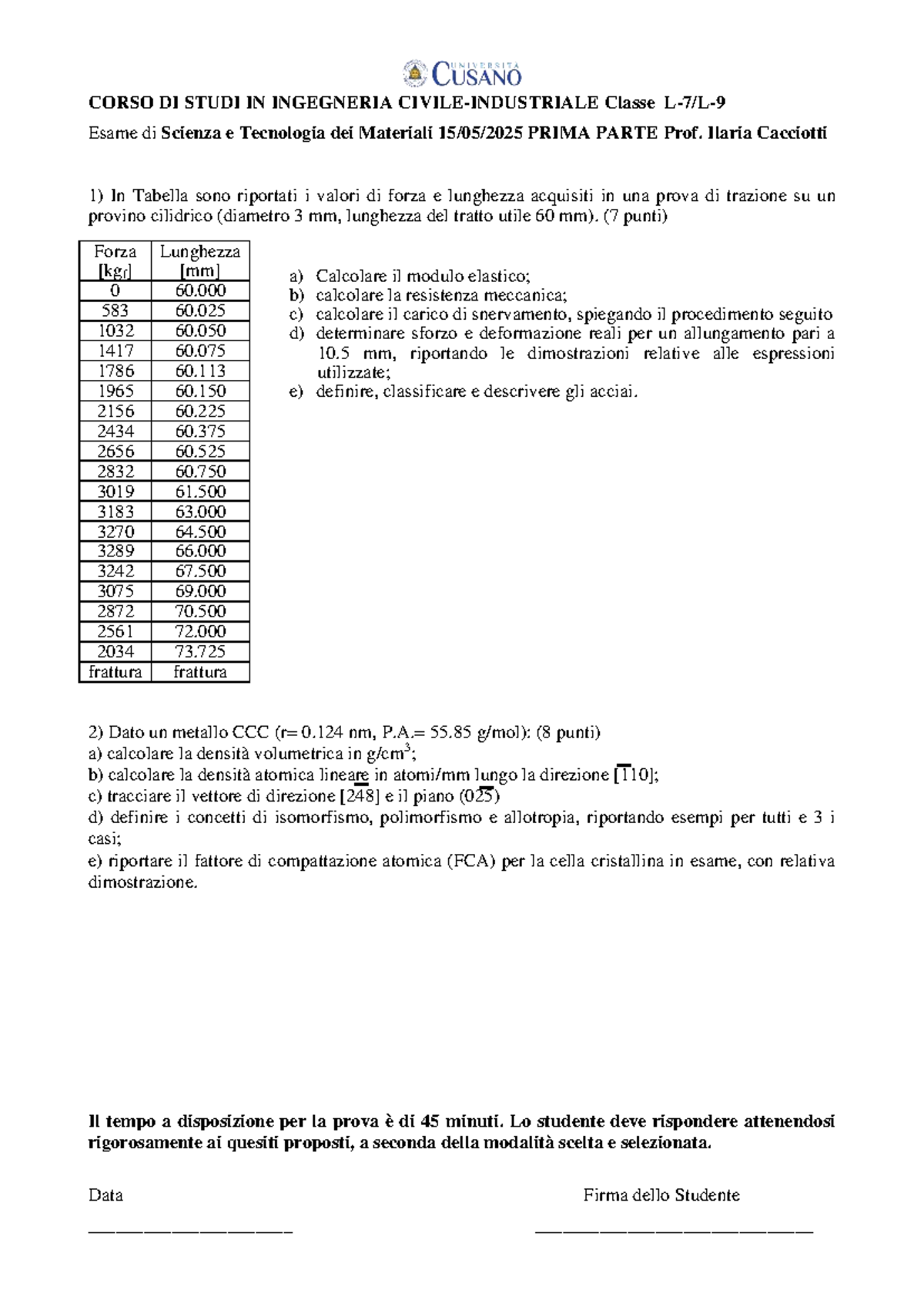 Esame di Scienza e Tecnologia dei Materiali STM 15/05/2025 - Prima ...