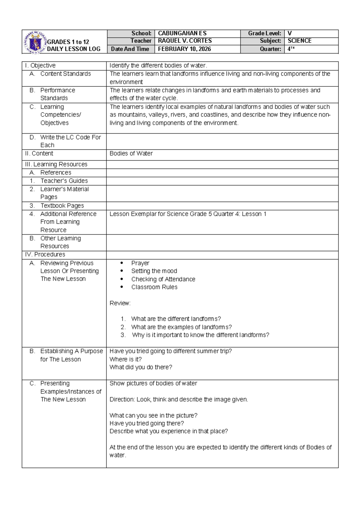 CO 2026 - Daily Lesson Log for Science Grade 5: Bodies of Water - Studocu