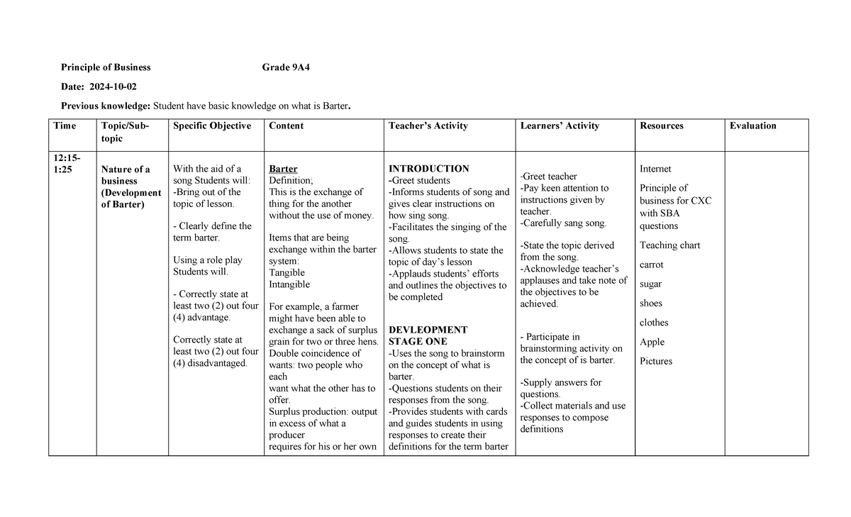 Barter Lesson Plan for Principles of Business Grade 9A4 - Studocu