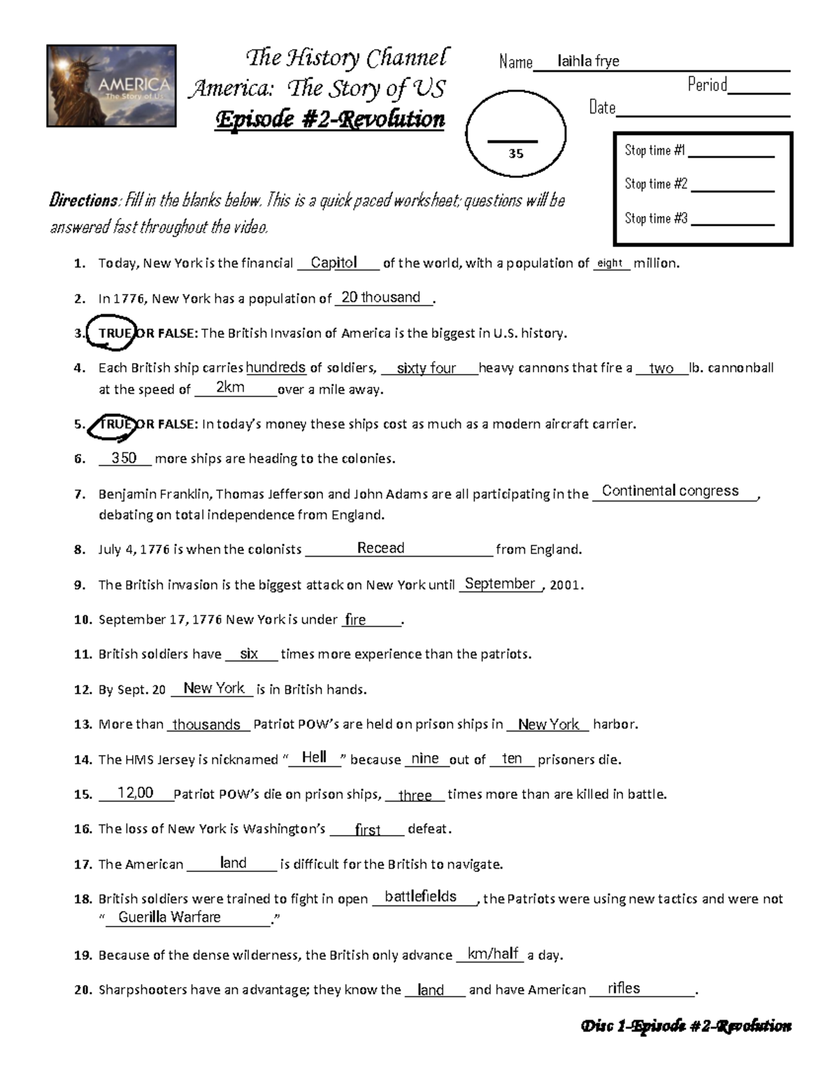America: The Story of Us - Episode 2 Revolution Worksheet - Studocu