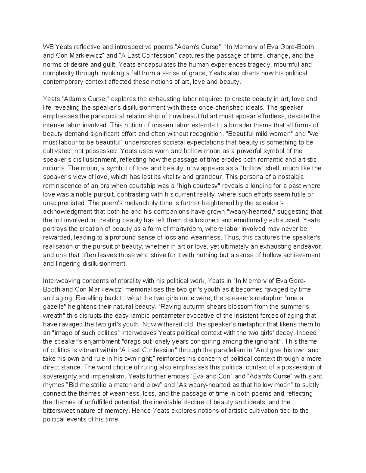 Close Analysis of Yeats' Poems: "Adam's Curse" & "In Memory of Eva Gore ...