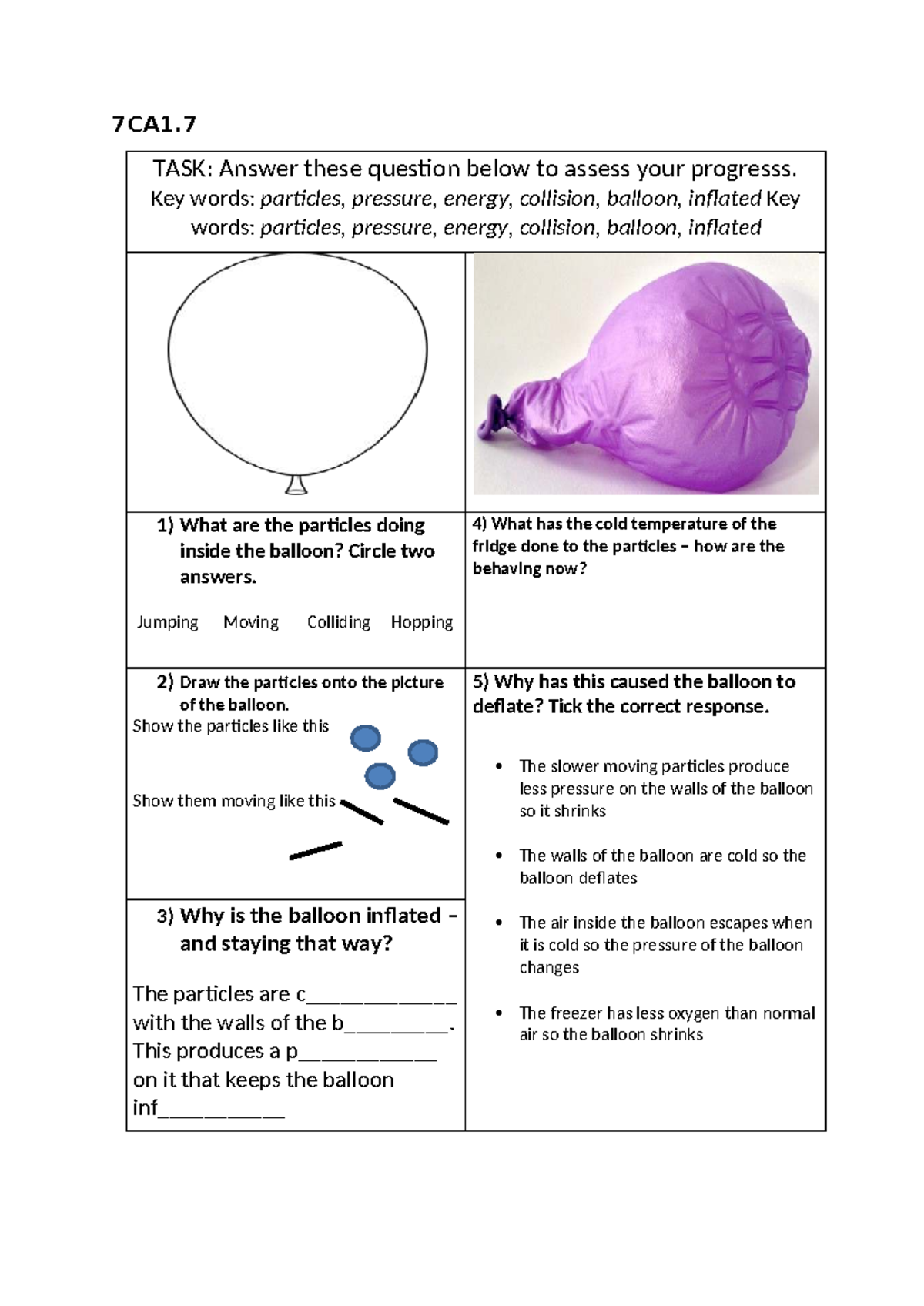 Lesson 7CA1.7: Balloon Behavior & Particle Dynamics Worksheet - Studocu