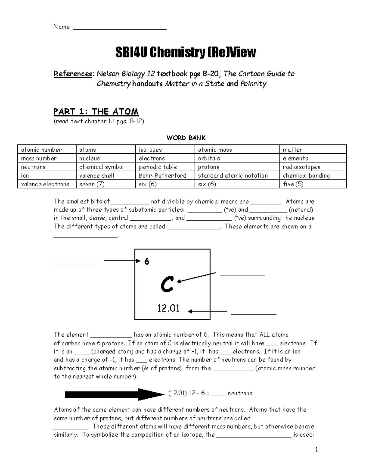 SBI4U Chemistry Review Assignment - SBI4U Chemistry (Re)View References ...