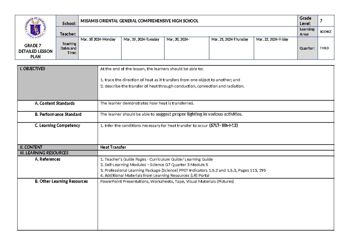 Detailed Lesson Plan on Heat Transfer - Grade 7 Science - Studocu