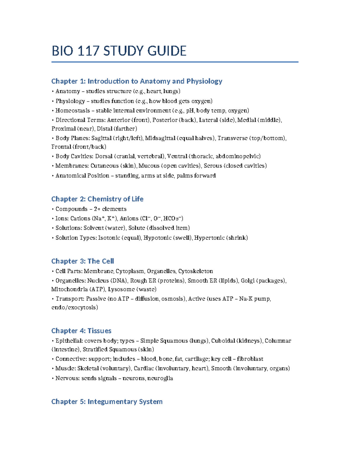 BIO 117 Study Guide: Anatomy & Physiology Overview - Studocu