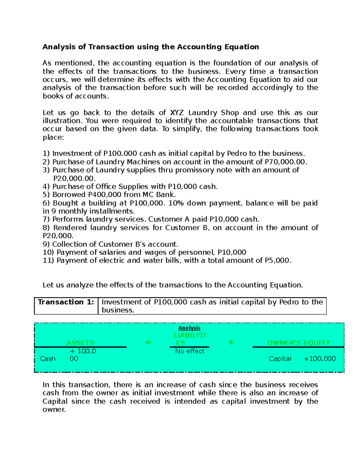 Analysis of Transactions for ACCT 101: Understanding the Accounting ...