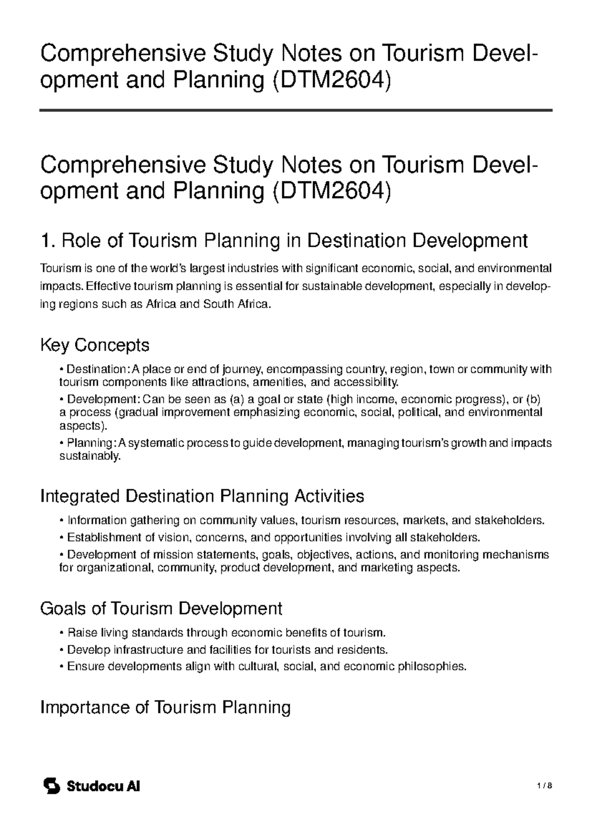 Comprehensive Study Notes on Tourism Development (DTM2604) - Studocu