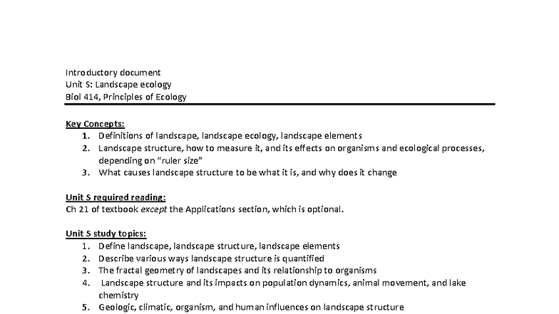 Unit S: Overview of Landscape Ecology - BIOL 414 Principles - Studocu