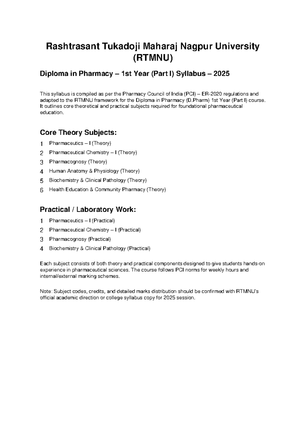 RTMNU D.Pharm 1st Year (Part I) Syllabus 2025 Overview - Studocu