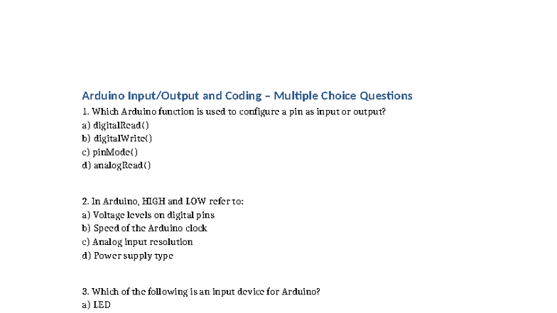 Arduino (Course Code) IO Coding MCQs: Multiple Choice Questions - Studocu