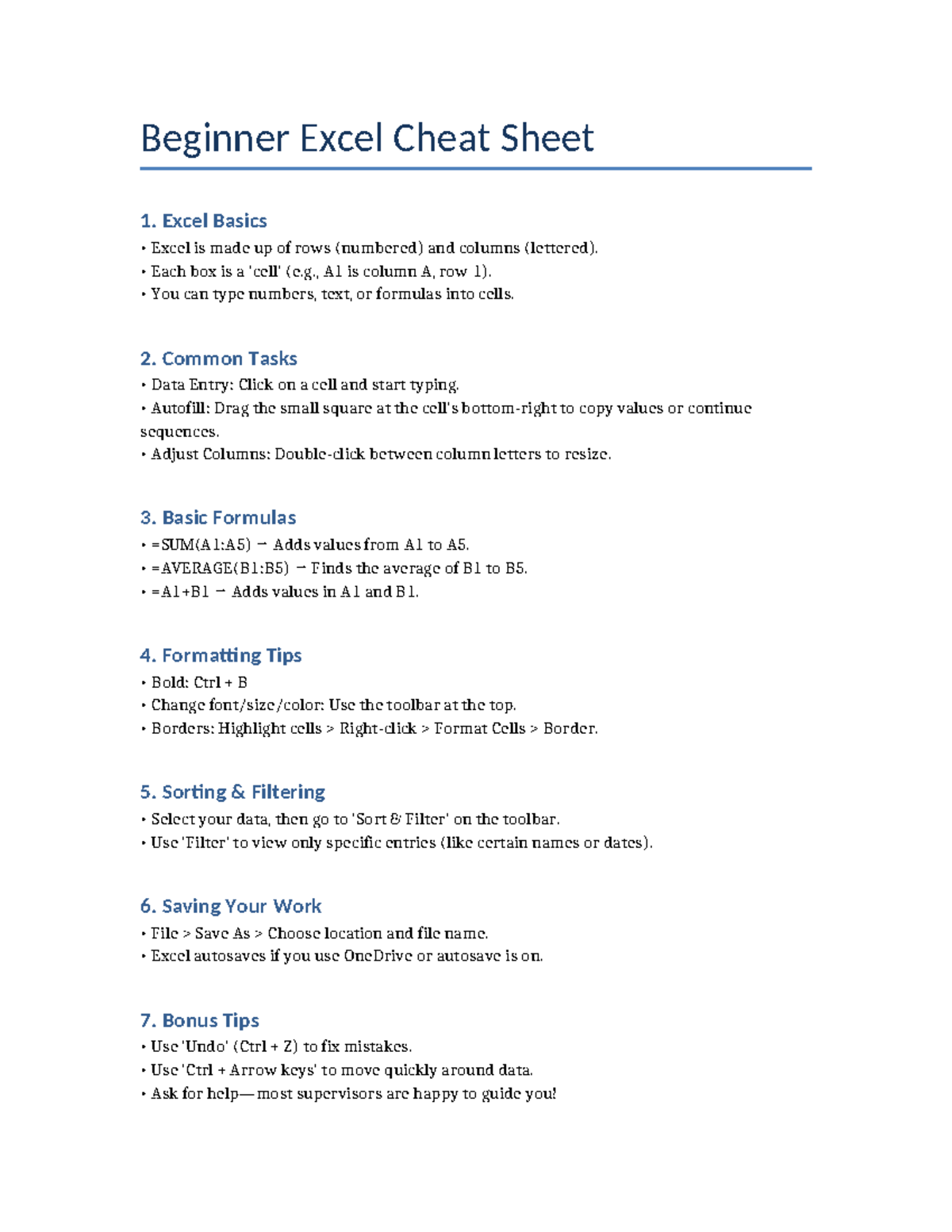 Excel Basics Cheat Sheet - Quick Reference Guide for Beginners - Studocu