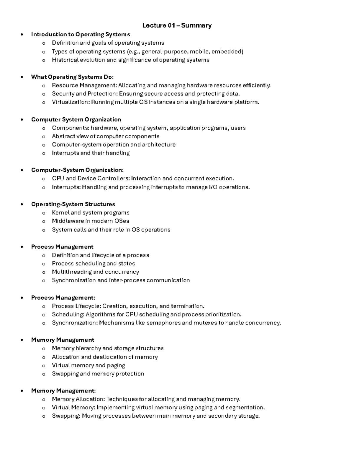 Lecture 01S Summary: Introduction to Operating Systems Concepts - Studocu