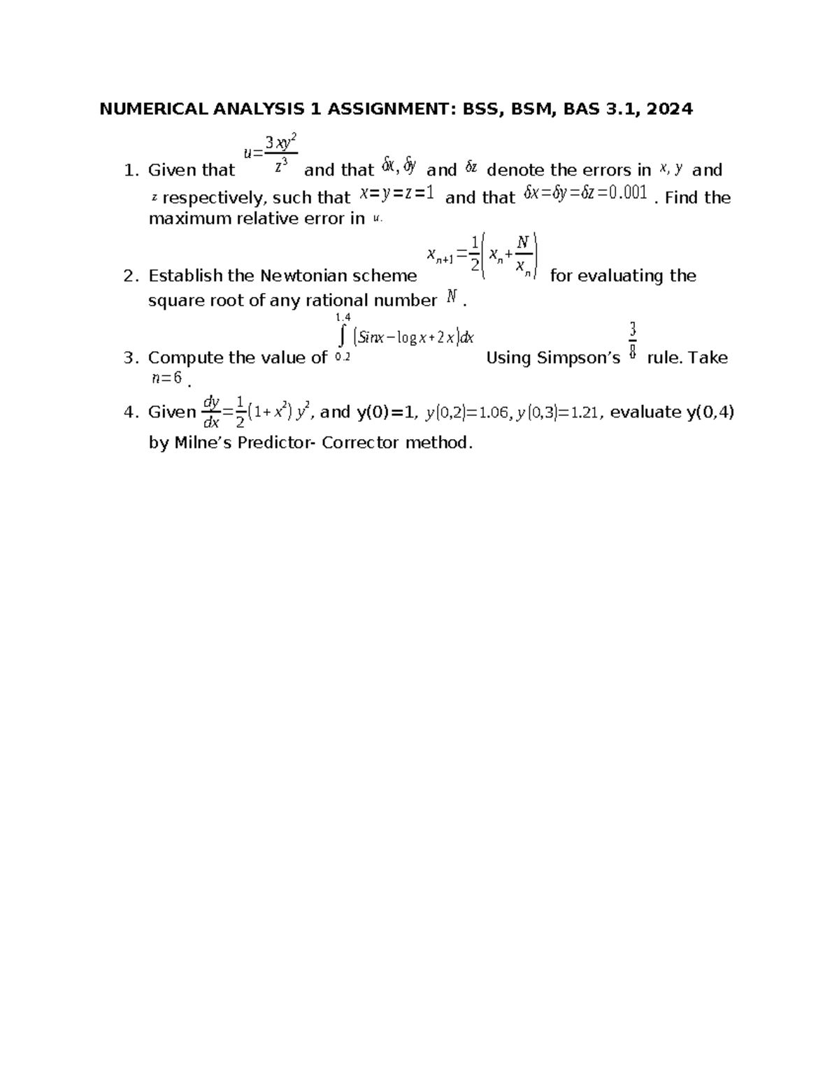Numerical Analysis 1 Assignment - NUMERICAL ANALYSIS 1 ASSIGNMENT: BSS, BSM, BAS 3, 2024 1 ...