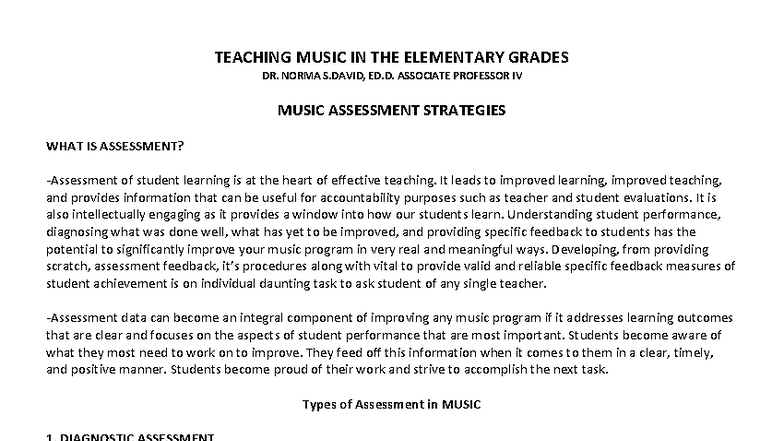 Assessment Strategies in Music Education: Insights & Methods - Studocu
