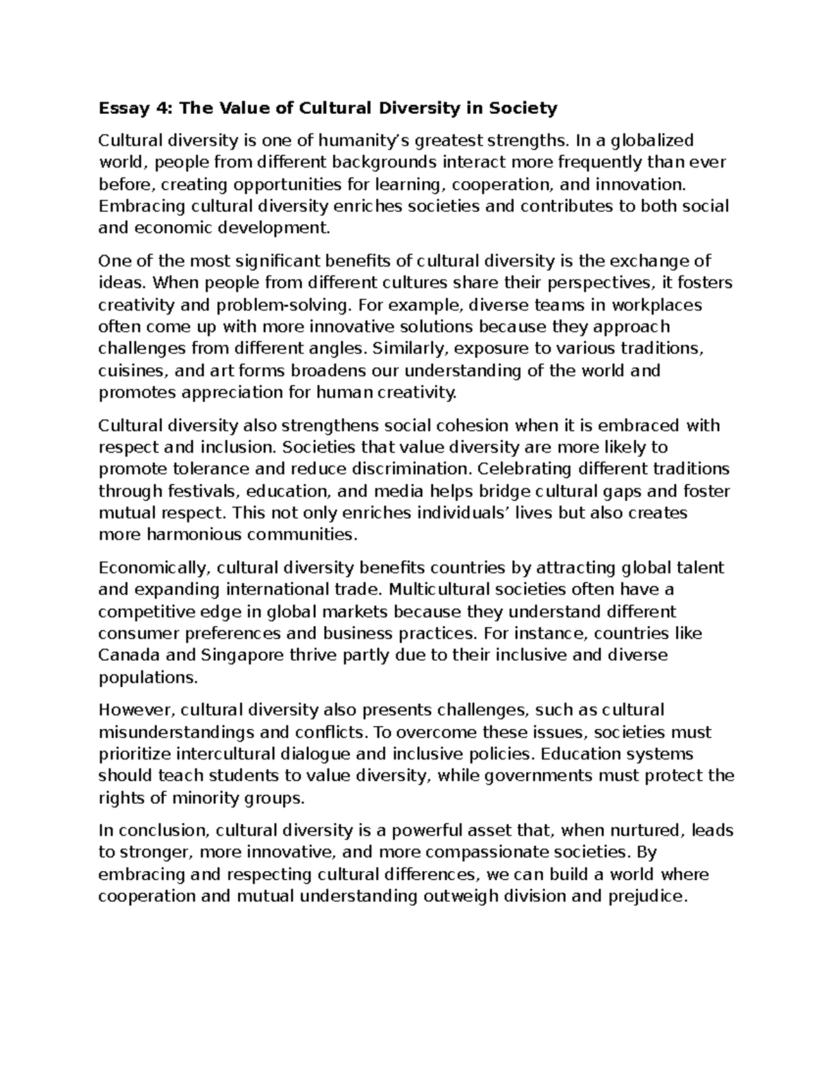 Essay 4: The Importance of Cultural Diversity in Society - Studocu