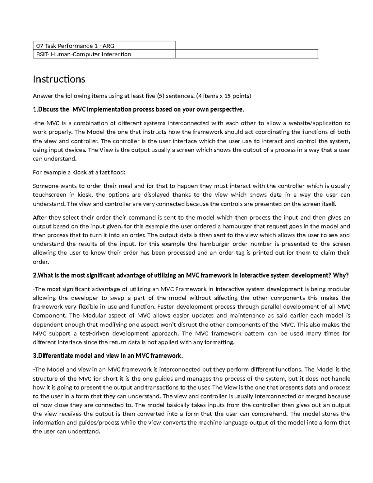 BSIT HCI 07 Task Performance 1: MVC Framework Interaction Analysis ...