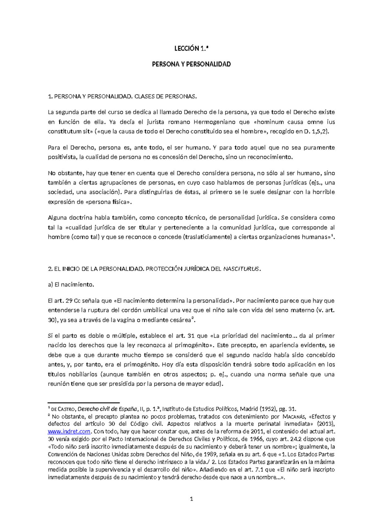 LECCIÓN 1: PERSONA Y PERSONALIDAD EN DERECHO CIVIL - Studocu