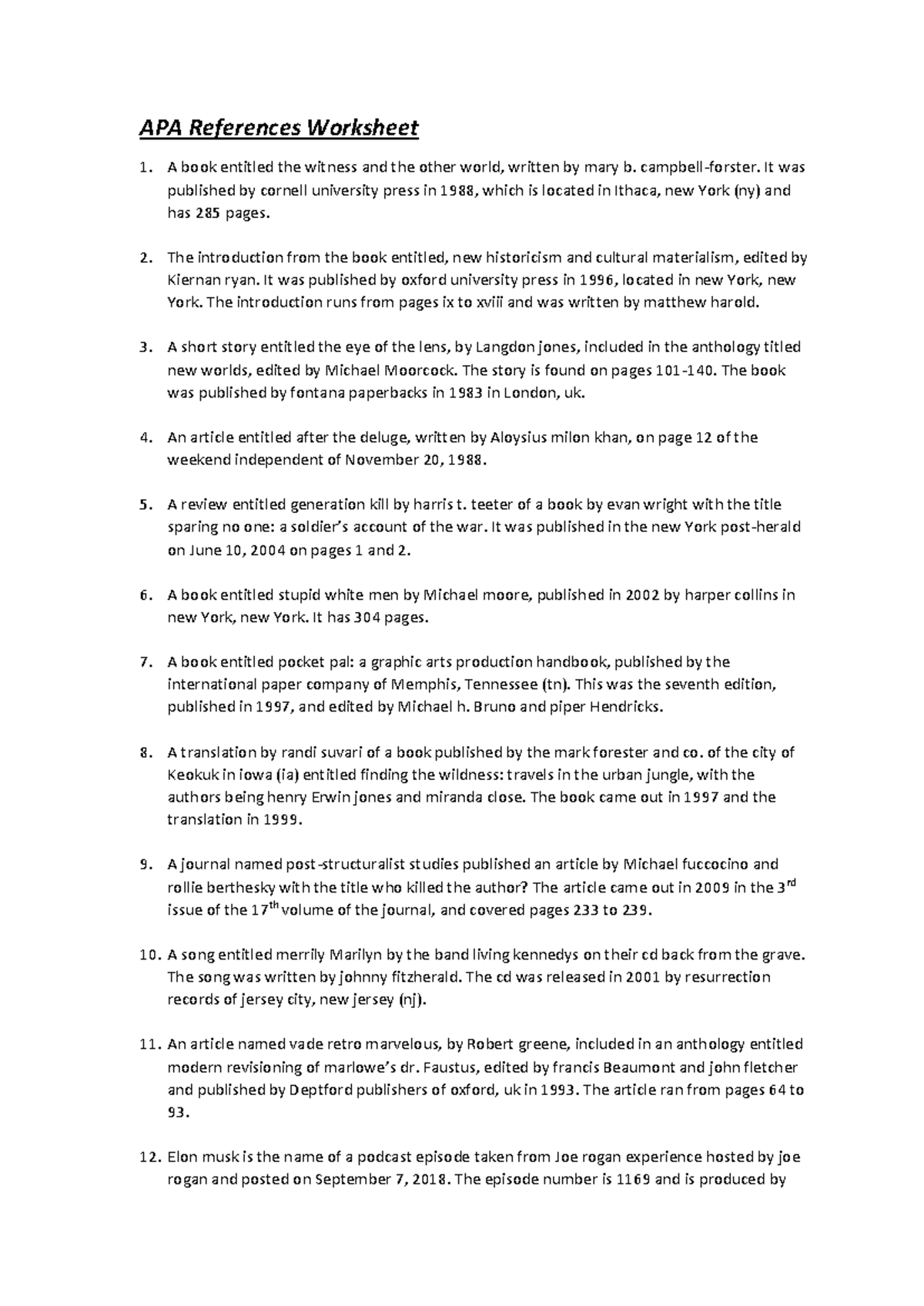 APA References Worksheet: A Comprehensive Guide - Studocu