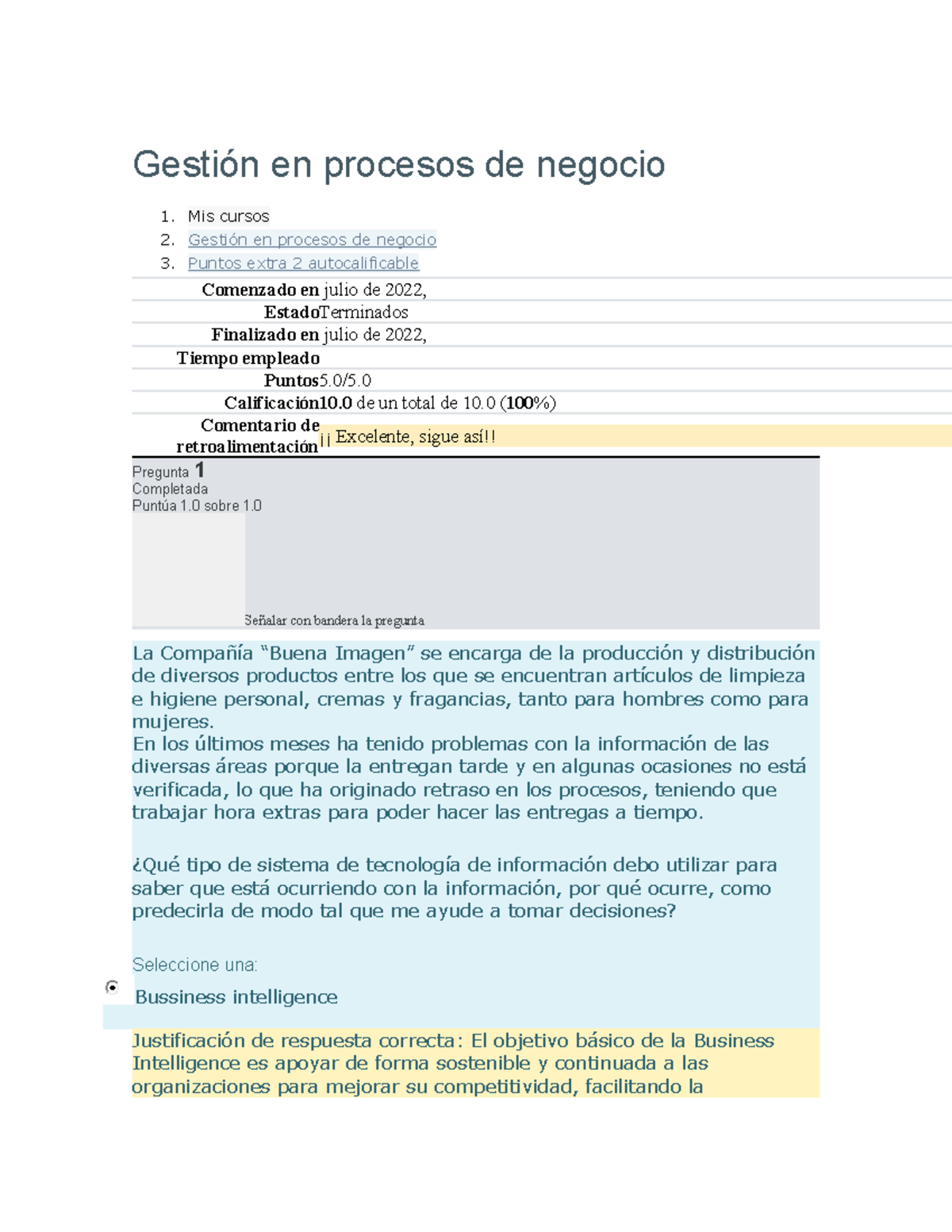 Puntos Extra 2: Gestión en Procesos de Negocio - Autocalificable - Studocu