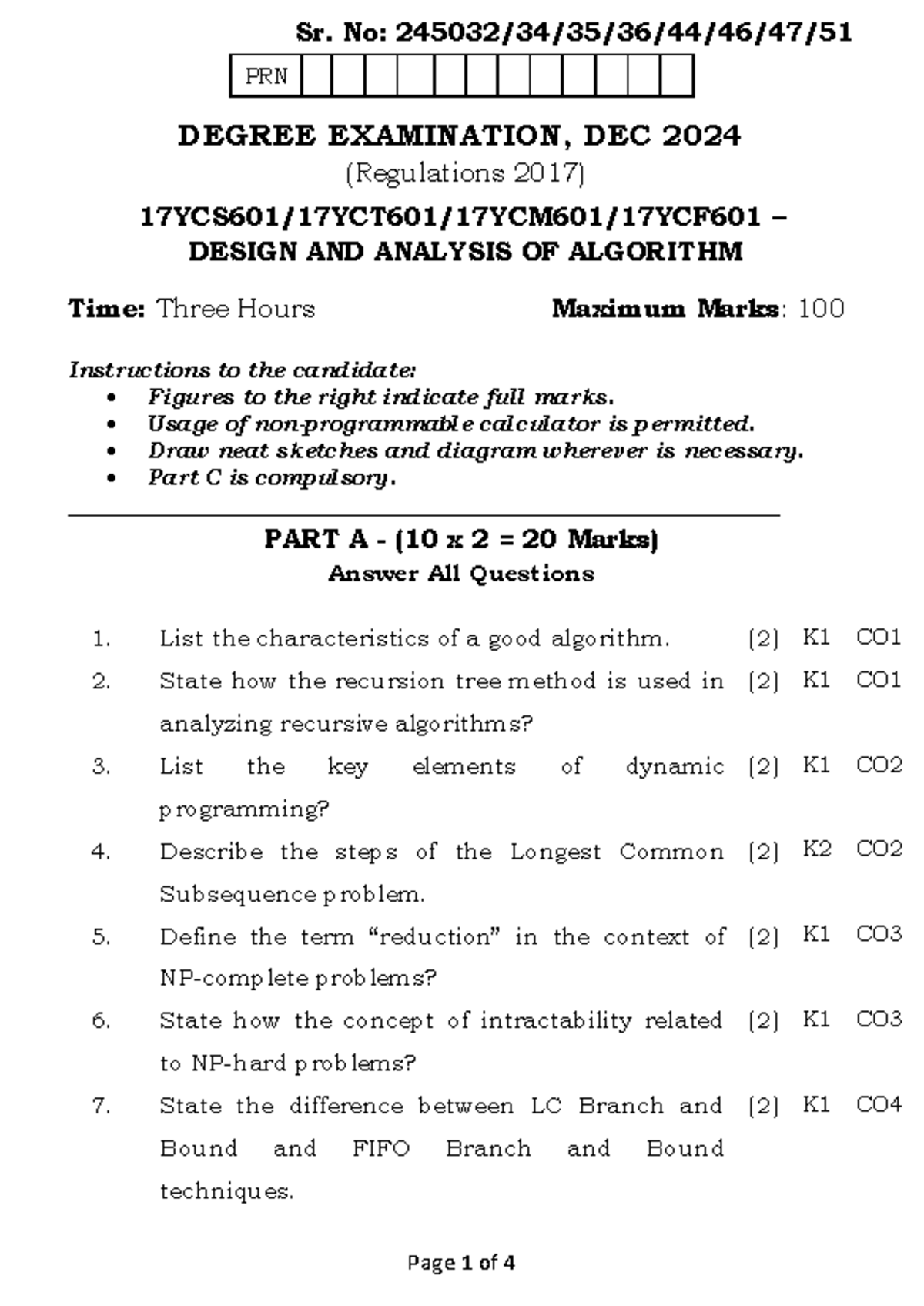 17YCS601 Final Exam: Design and Analysis of Algorithms - Dec 2024 - Studocu