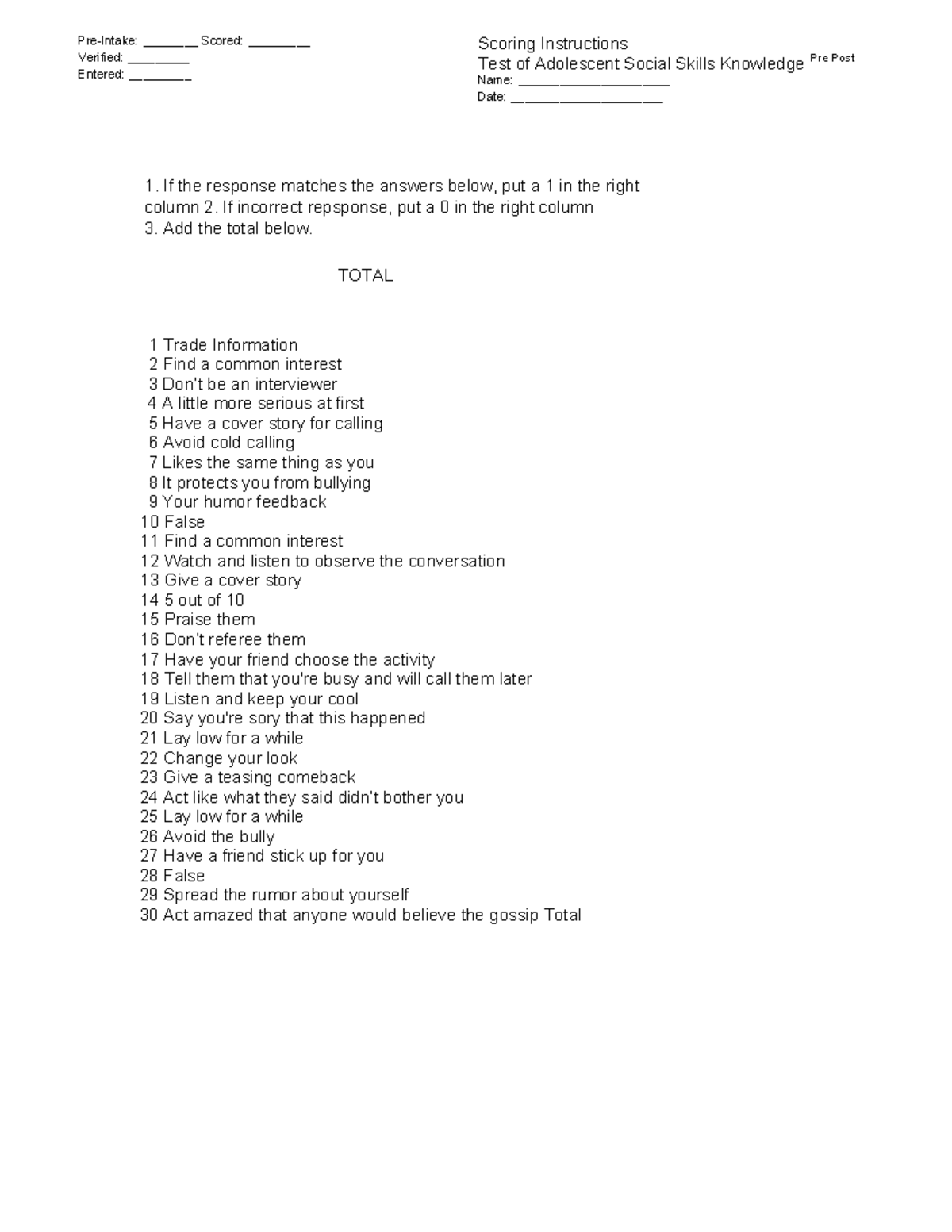 Test of Adolescent Social Skills Knowledge (TASSK) - Scoring Key - Studocu