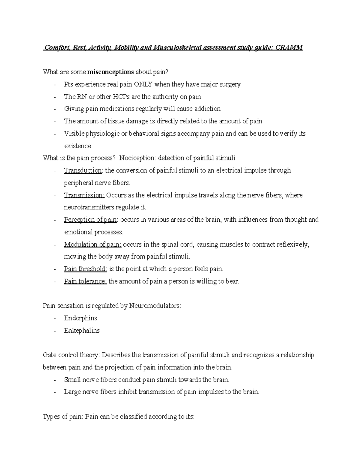CRAMM Study Guide: Pain, Sleep, and Mobility Assessment Notes - Studocu