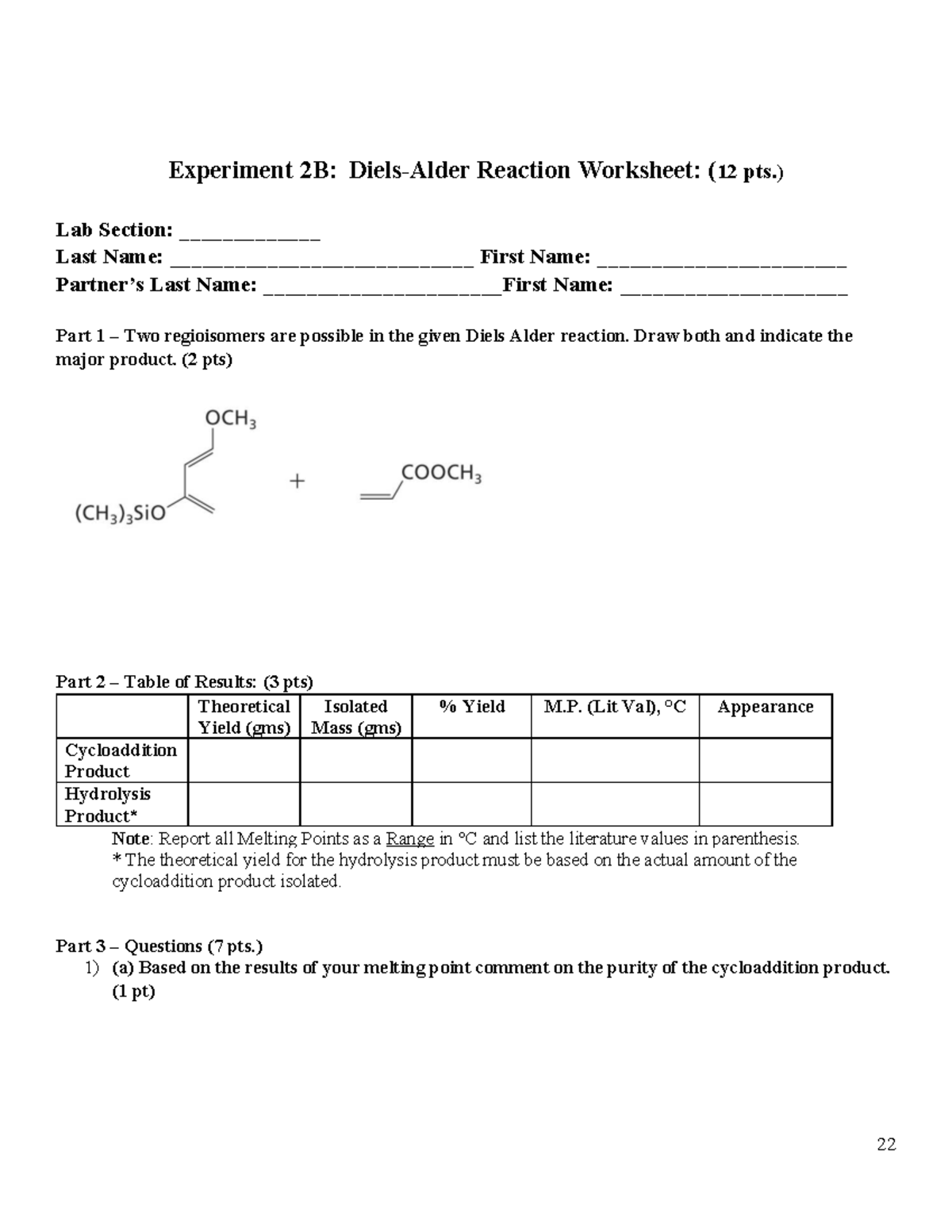 Experiment 2B: Diels-Alder Reaction Worksheet & Analysis (223B) - Studocu