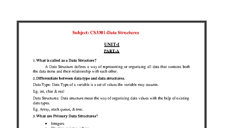 CS3301_DS Unit 1 - Data Structures and Lists Notes - Studocu