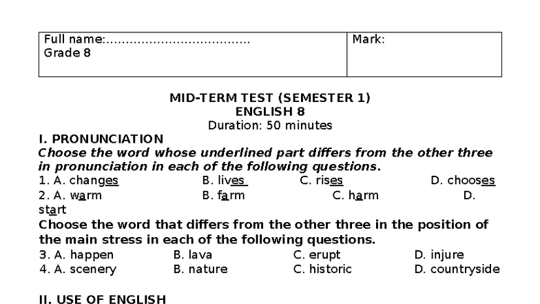 Grade 8 English Test: Semester 1 (Duration: 50 mins) - Studocu